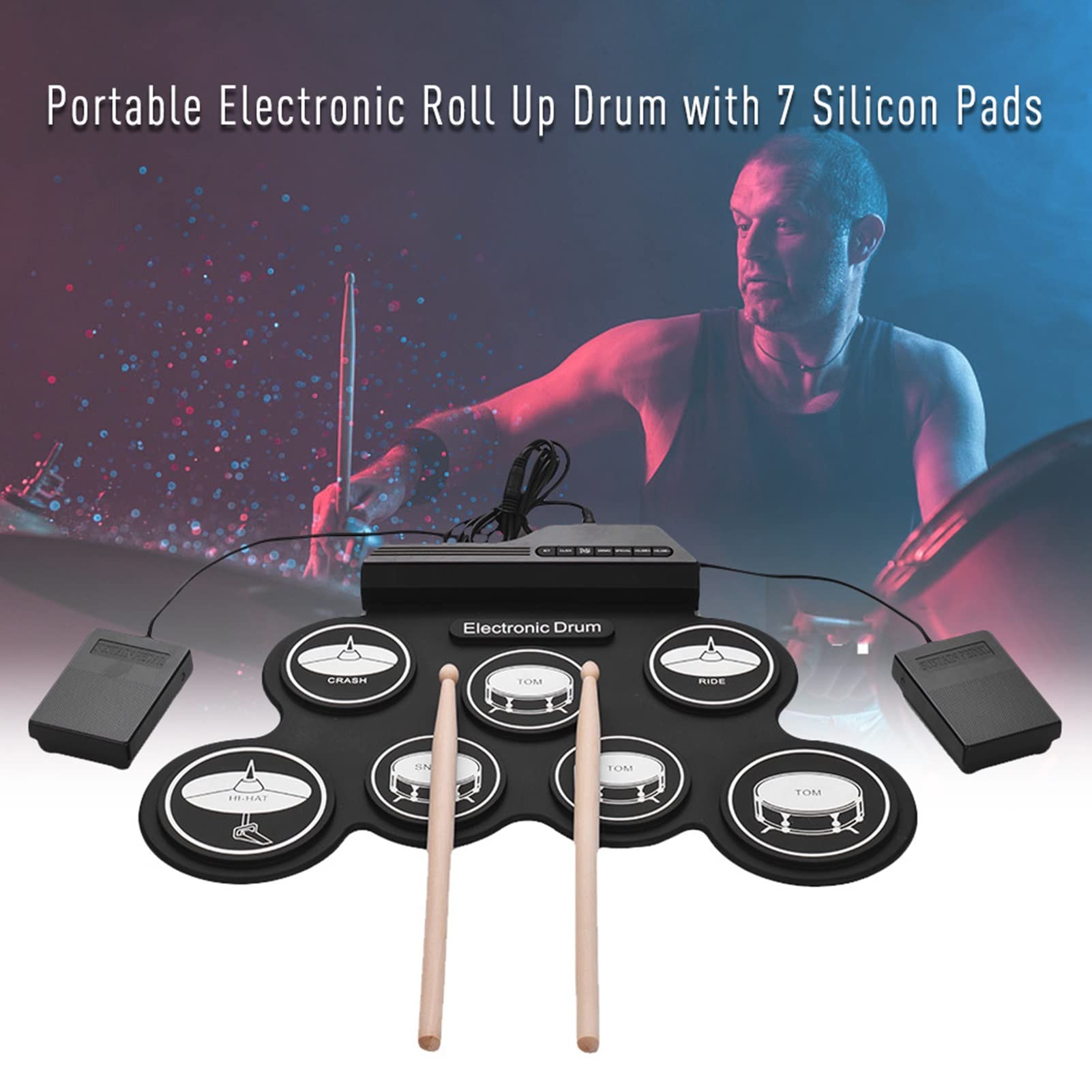 TUU Electronic Drum Set with 7 Pads Roll Up Drum Practice Pad Drum Kit with Drum Sticks, Headphone Jack and Pedals, Christmas Birthday Gifts Suitable for Begineer