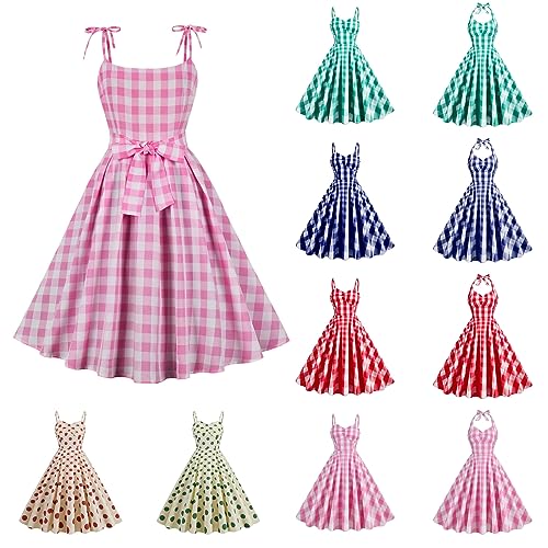 ZDJNSZTM Vintage Dress for Women 1950s Pink Gingham Halter Neck/Spaghetti Straps Swing Sundress Retro Rockabilly Cocktail Tea Party Midi Dresses 50s Outfits for Women 1950 Style Clothing for Women