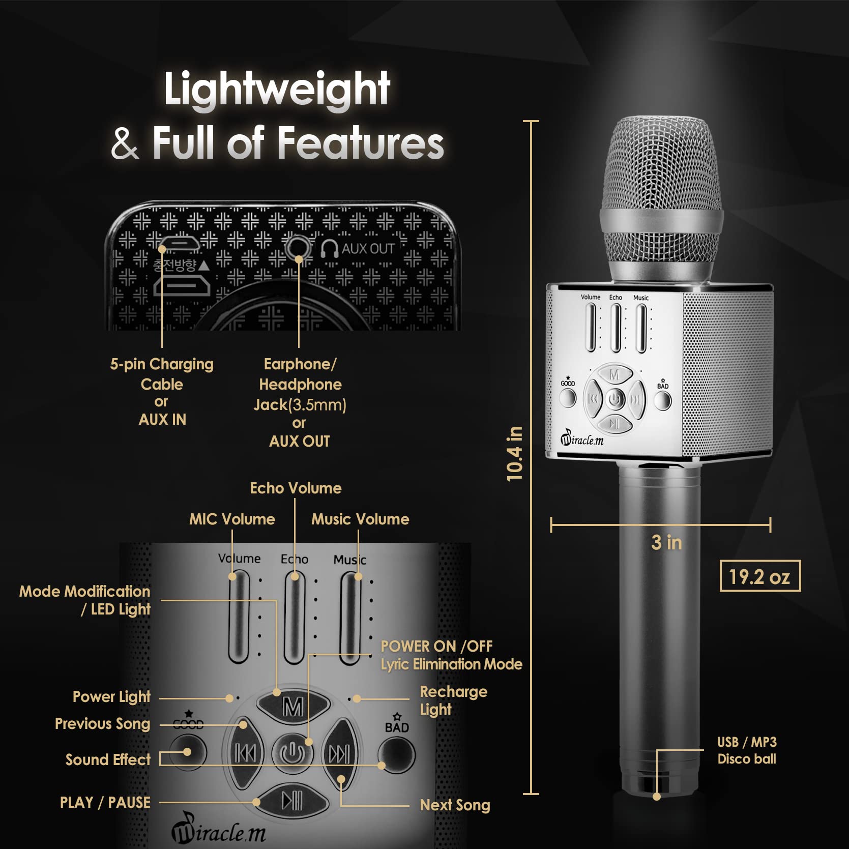 Miracle M90 - Karaoke Microphone Bluetooth - Bluetooth Microphone Wireless - Wireless Microphone for Karaoke - Microphone for Kids and adults - Carpool car Microphone with Speaker - Karaoke mic