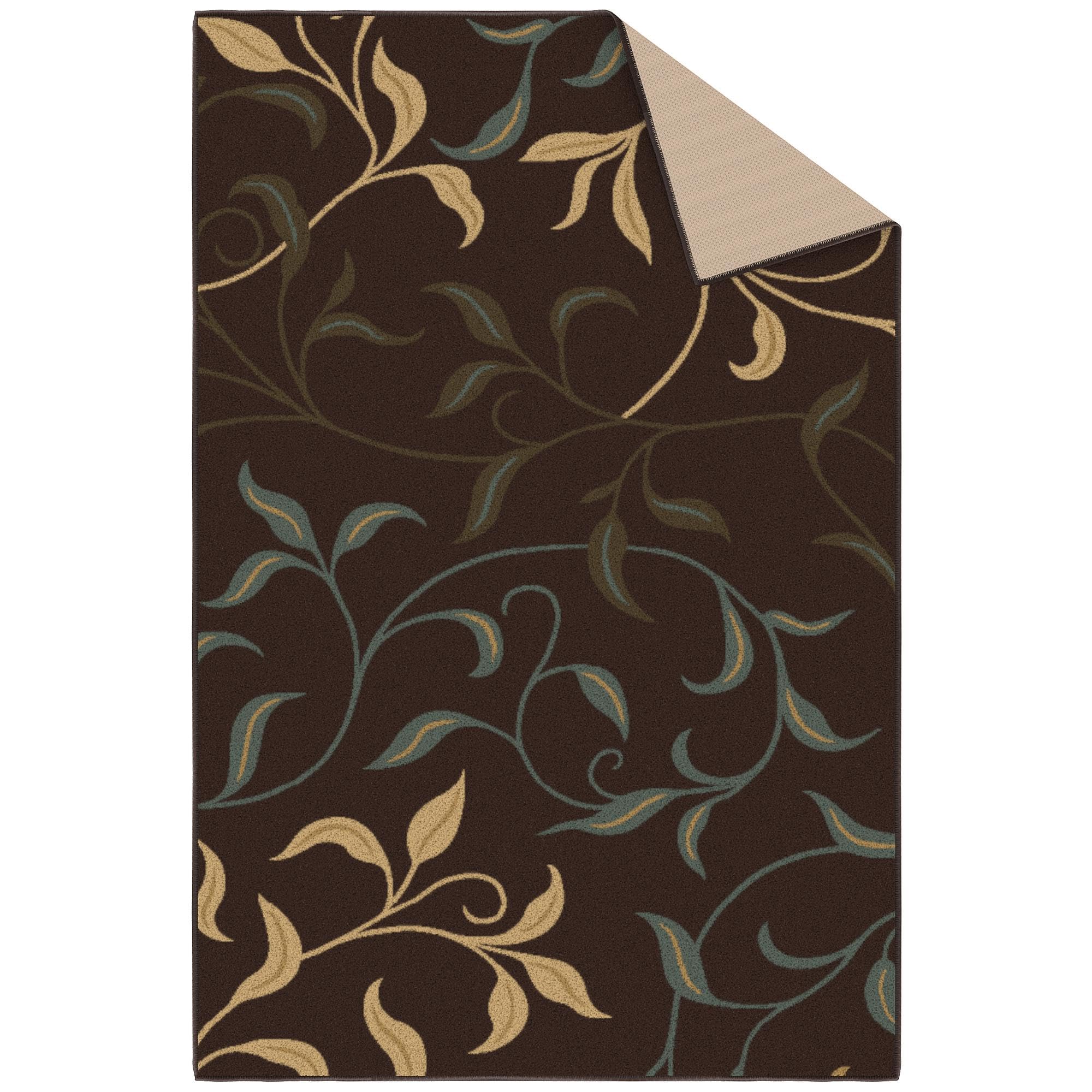 Machine Washable Leaves Design Non-Slip Rubberback 3x5 Traditional Area Rug for Living Room, Bedroom, Kitchen, 3'3" x 5', Brown