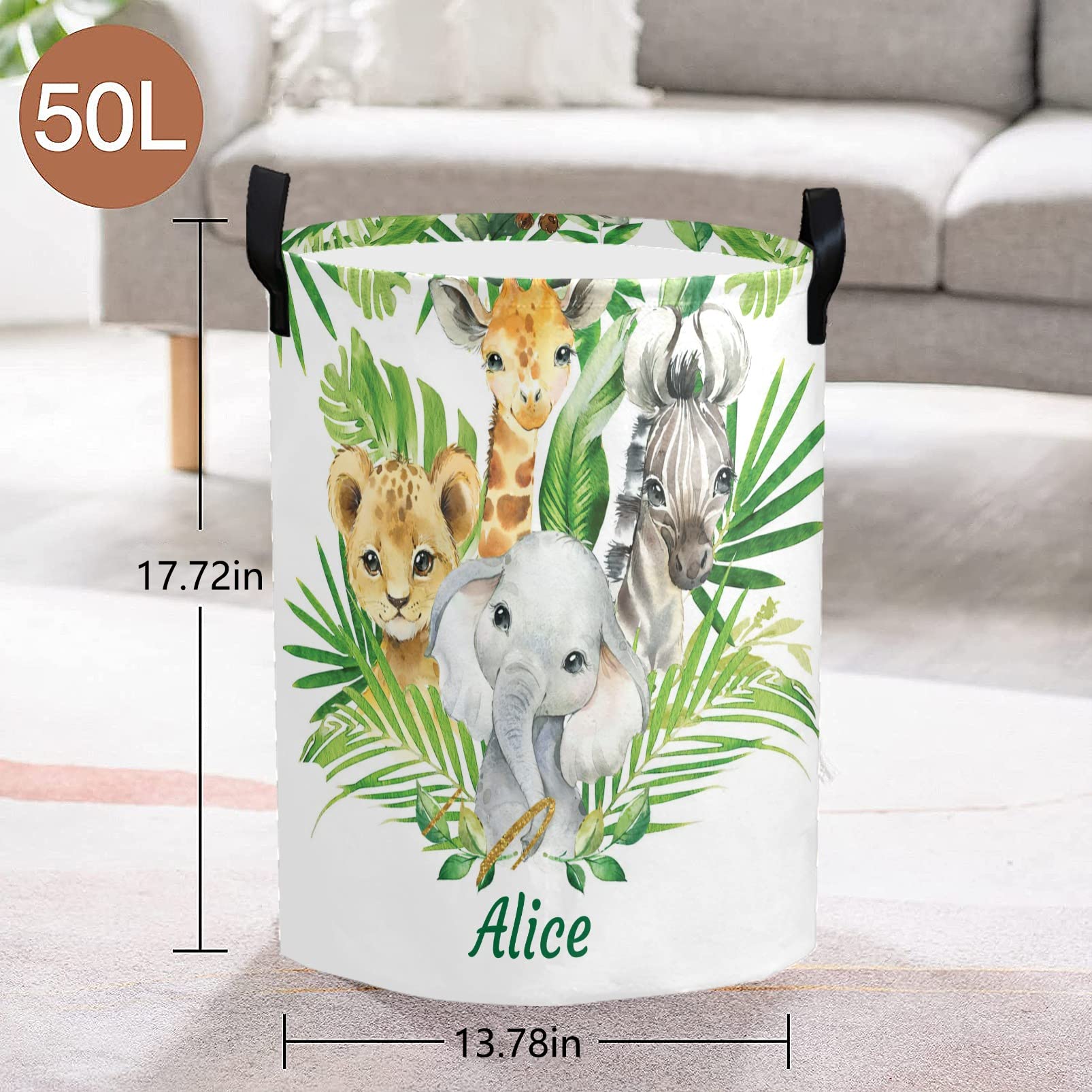 zaaprintblanket Personalized Laundry Basket Name Foldable Organizer Laundry Hamper with Handle Gift Baskets for Bathroom Bedroom Living Room(Giraffe Lion Elephant Green Leaves)