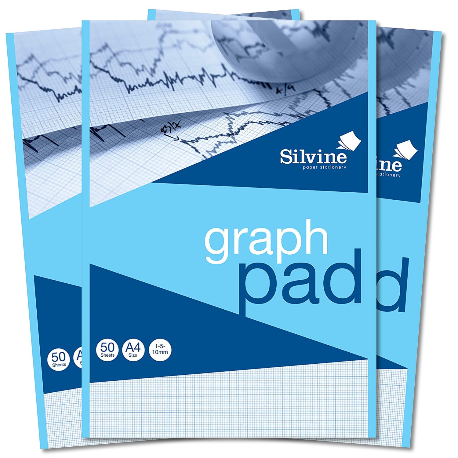 Pack of 3 Silvine A4 Metric Graph Pad with 1-5-10mm Printed Grid 50 Sheets of 90gsm Paper - 210 x 297mm
