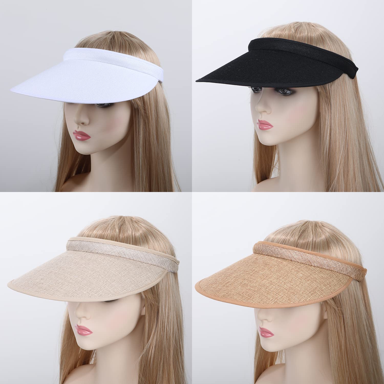 MULIMU 4-Pack Women Wide Brim Sun Visor UV Protection UPF50+ Hat Golf Visor with Clip (Black&White&Khak&Beige)