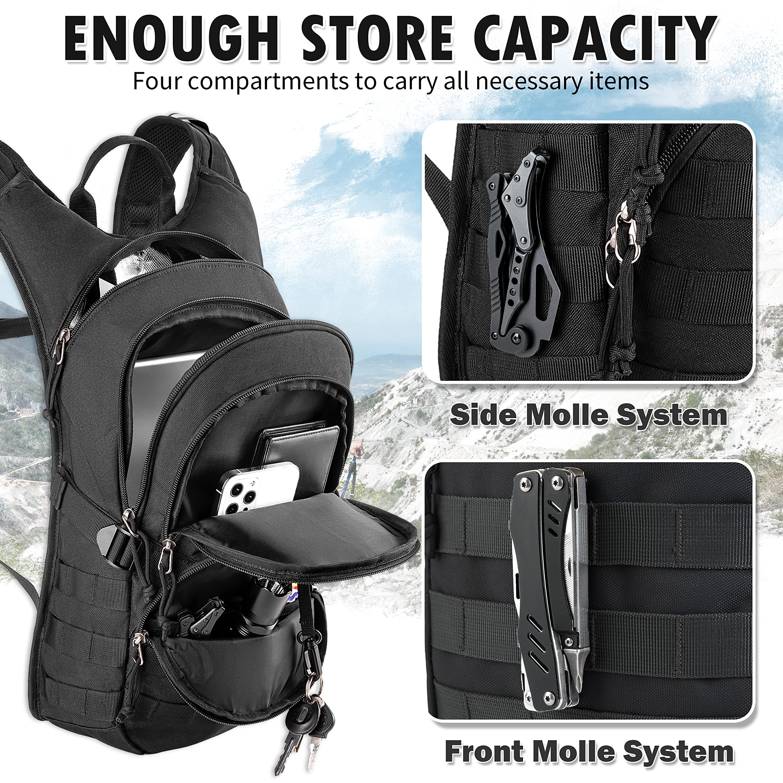 MIRACOL Tactical Hydration Backpack with 2L Water Bladder, 900D Military Molle Water Backpack Fit Men Women