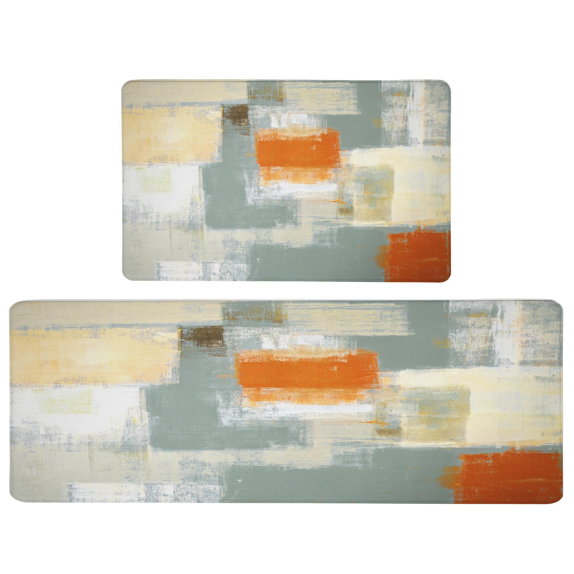 Orange Kitchen Rugs and Mats Set of 2 Cushioned Anti-Fatigue Kitchen Floor Mat 0.4 Inch Thick Burnt Orange Grey Kitchen Mat PVC Non-Slip Waterproof Standing Mat for Sink,Laundry, 17x28+17x47 inch