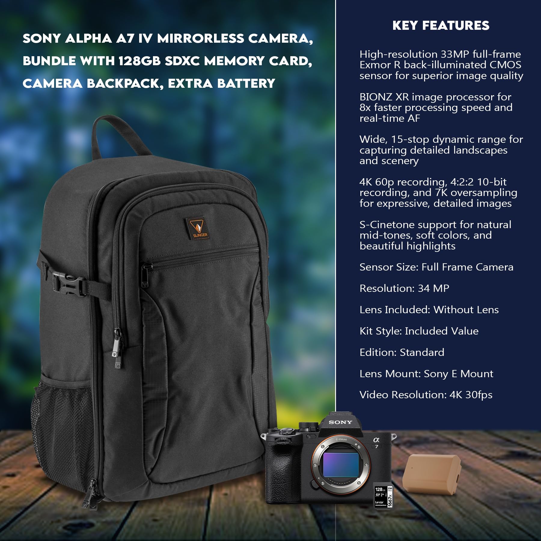 Sony Alpha a7 IV Full Frame Mirrorless Interchangeable Lens Digital 4K Camera, Black - Bundle with 128GB SD Memory Card, Camera Backpack, Extra Battery