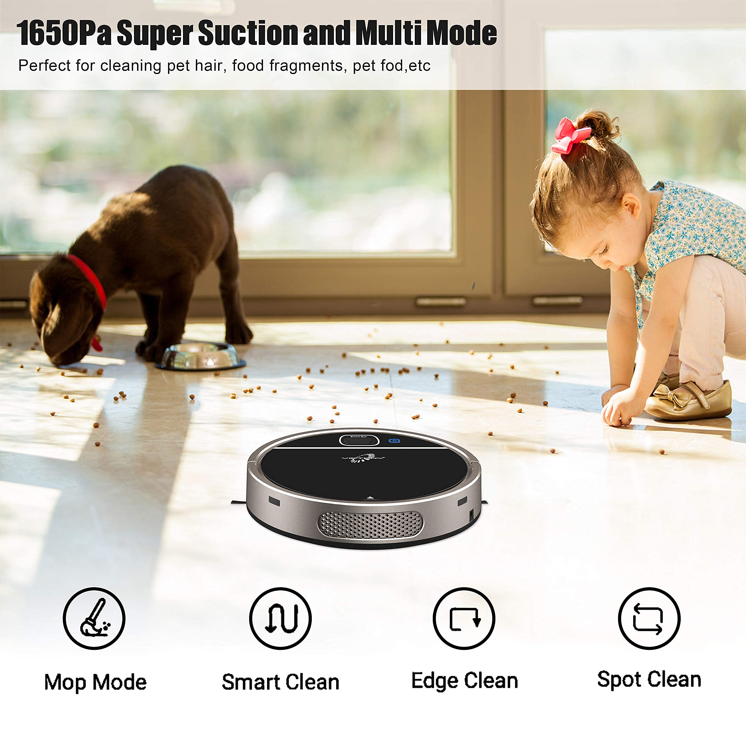 Robot Vacuum Cleaner, Robotic Vacuum Cleaner with 360° Smart Sensor Protectio, 2600mAh, 100mins Run Time, Super-Thin, 6 Clean Modes, Self-Charging, Ideal for Pet Hair, Hard Floors and Carpets