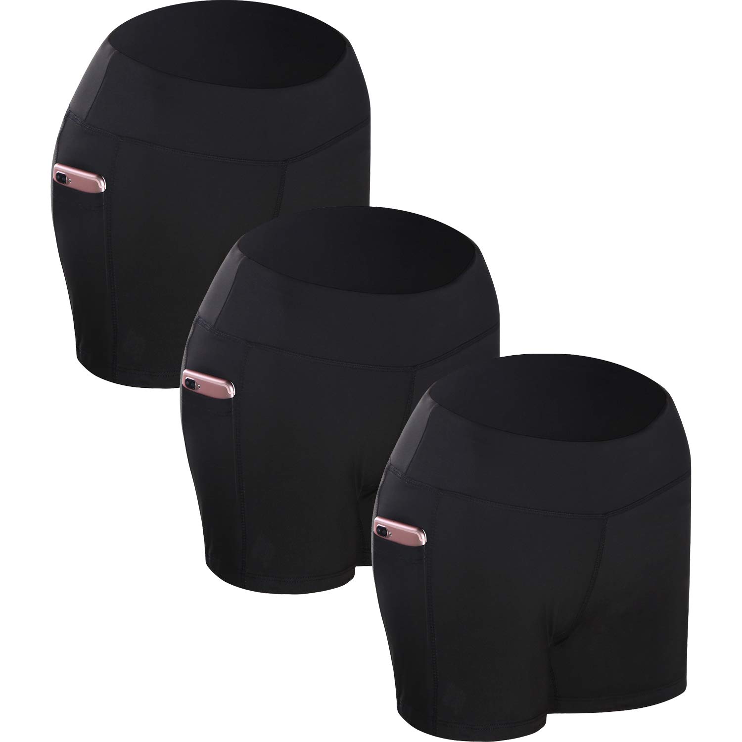 NEWITIN 3 Pieces High Waist Shorts Workout Yoga Shorts with Side Pockets Sport Shorts for Women (Black M)