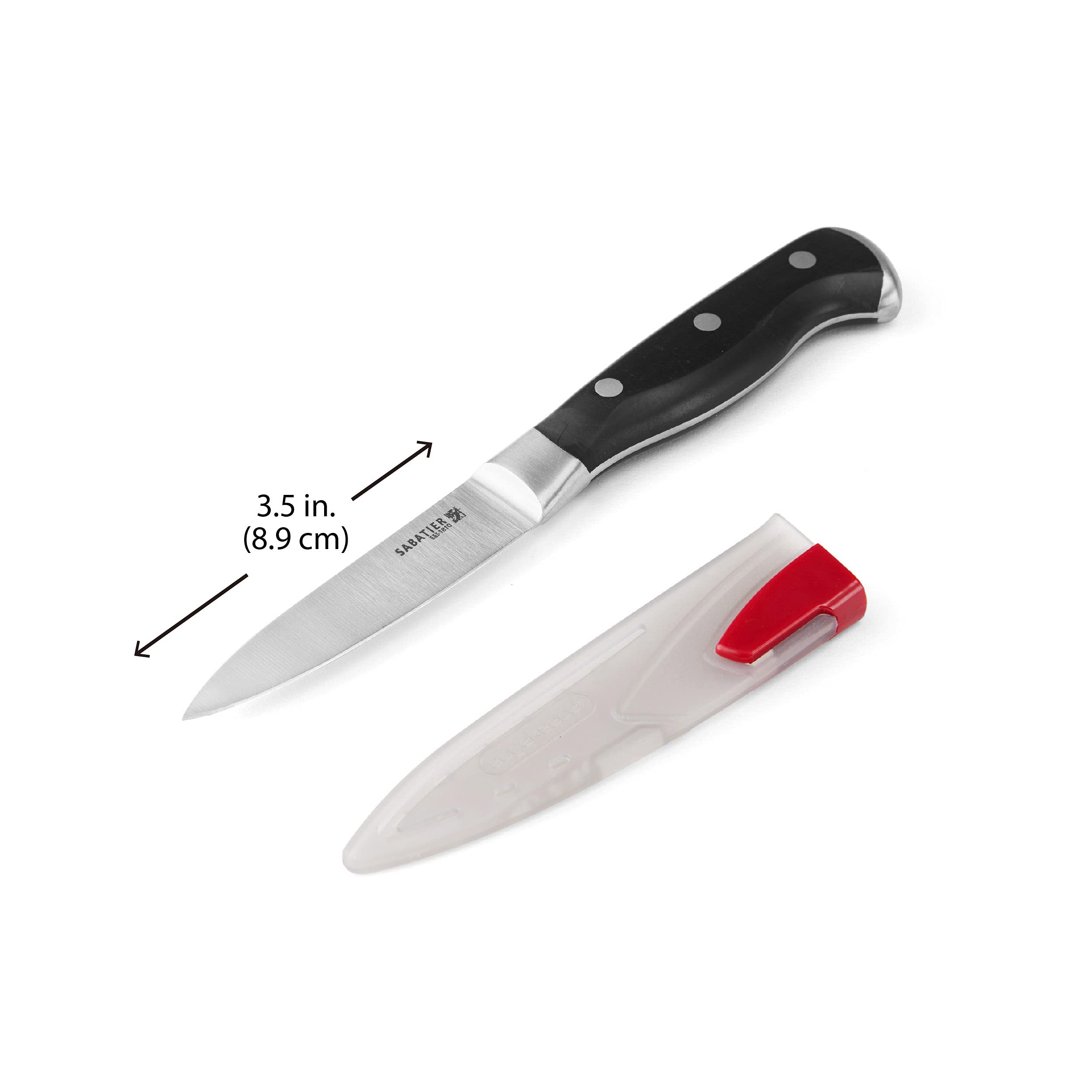 Sabatier Forged Triple-Rivet Paring Knife with Self-Sharpening Blade Cover, High-Carbon Stainless Steel, Razor-Sharp Kitchen Knife to Cut Fruit, Vegetables and more-3.5-Inch, Black