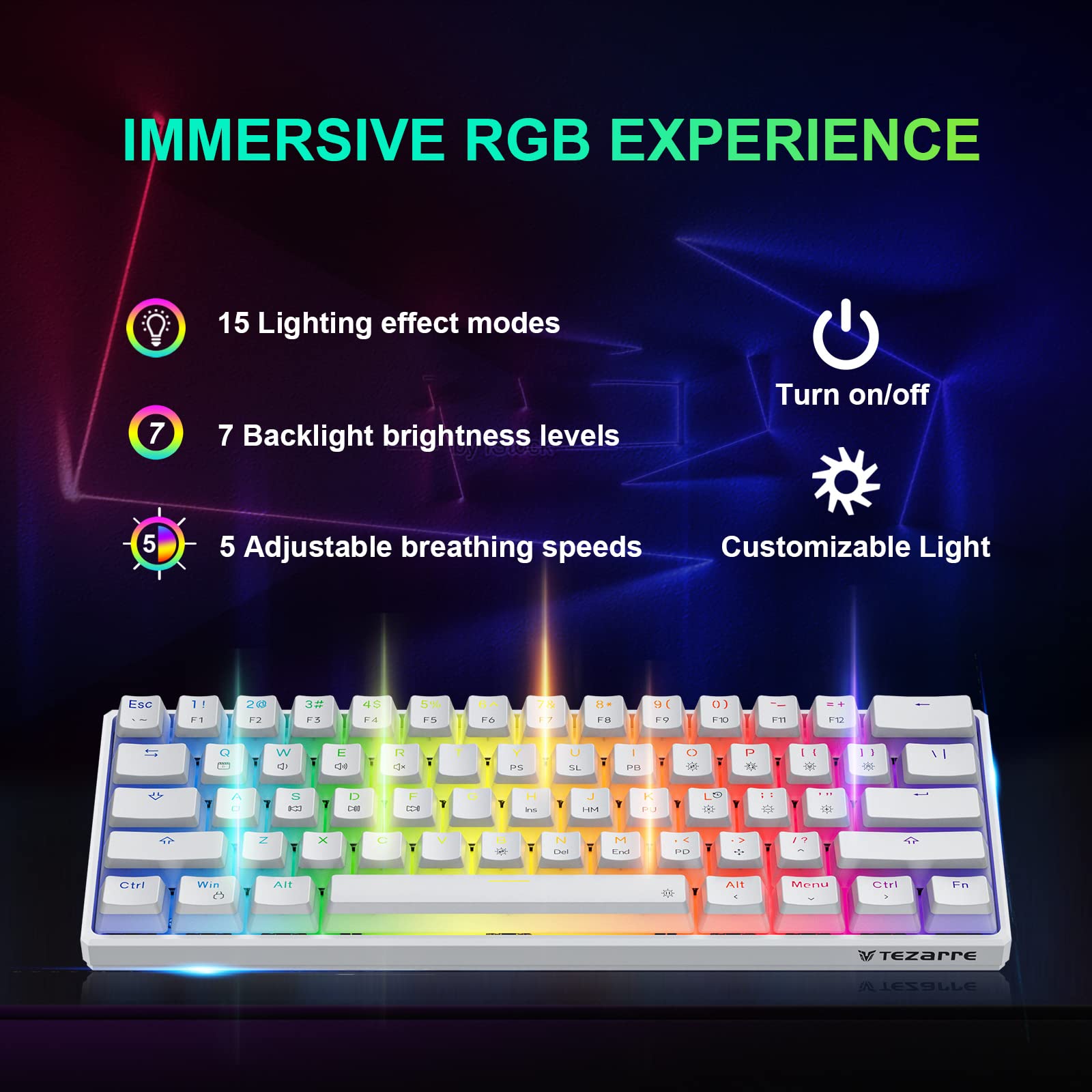 Tezarre TK61 60% Hotswap Mechanical Gaming Keyboard with PBT Pudding Keycaps,RGB Backlit Wired USB Optical Switches Keyboards Full Keys Programmable for Windows MAC PC Gamers (Gateron Optical Blue)