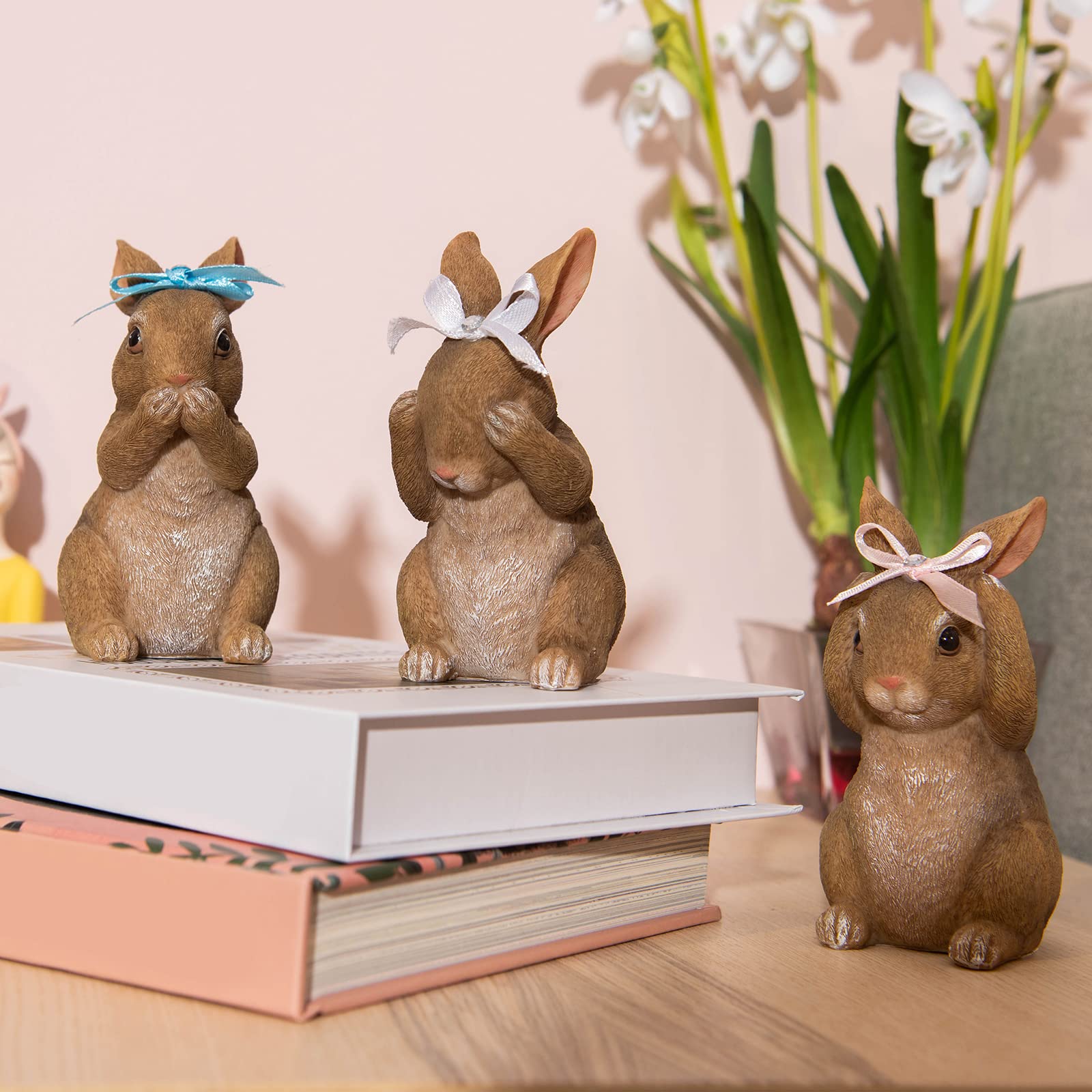 Newman House Studio Bunny Decor Home Rabbit Statue - Easter Decorations Hear See Speak No Evil Bunny Figurines 3pc Brown Ears with Bows Desk Table Shelf Decor Accents for Home 3 x 2.25 x 4.5 Inch