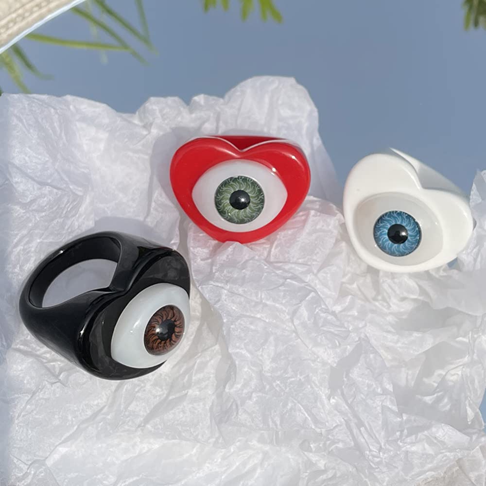 VOPIPO 3pcs Resin Rings Chunky Statement Plastic Rings Cute Heart Shaped Big Eye Aesthetic Rings Trendy Personalized Stacking Finger Acrylic Ring Set for Women
