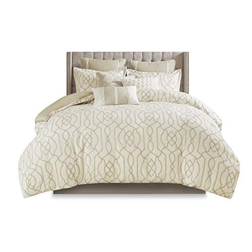 Madison Park Cozy Comforter Set-Luxurious Bedding Style Combo Filled Insert, Removable Duvet Cover. Matching Shams, Decorative Pillows, King(110"x96"), Geometric Neutral 9 Piece