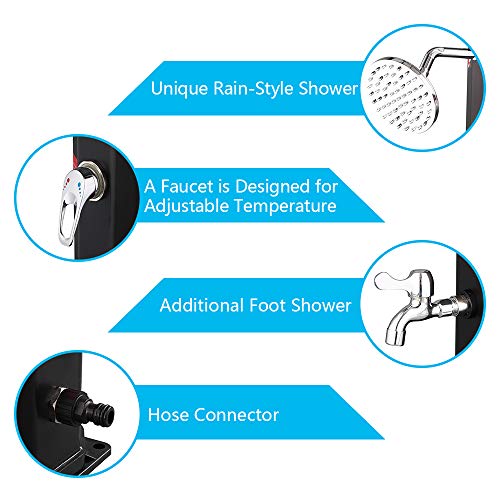 VINGLI Solar Heated Shower, 9.3 Gallon Outdoor Shower with Shower Head and Foot Shower Tap,for Outdoor Backyard Poolside Beach Pool Spa,Black (9.3 Gallon)