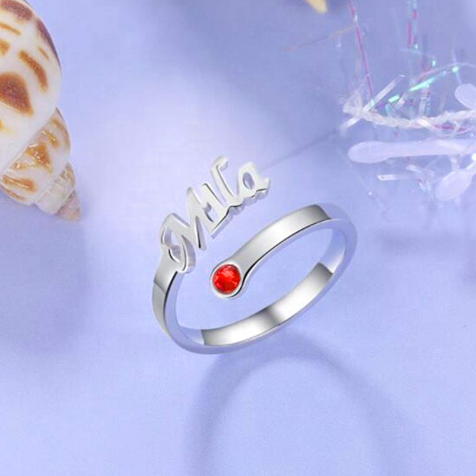 MRENITE 10k 14k 18k Solid Yellow Gold Personalized Name Ring with Crystal Birthstone β Dainty Nameplate Letters Engraving Engagement Ring- Custom Any Name Gift for Women Her