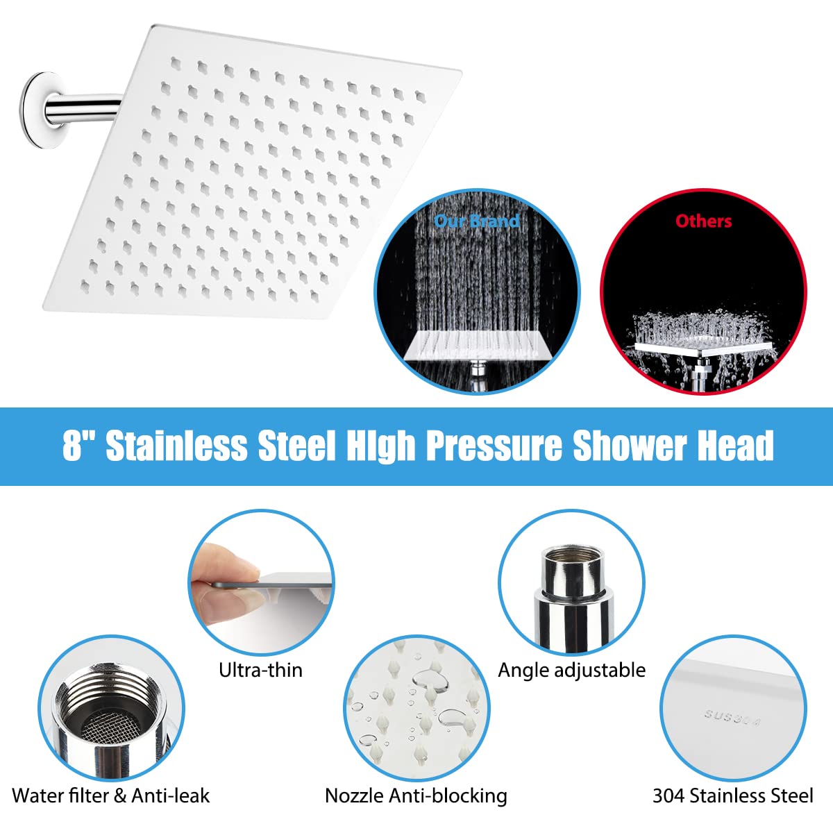 Taiker Shower Head, 8 Inch High Pressure Rainfall Shower Head/Handheld Showerhead Combo with 11.5 Inch Adjustable Curved Arm, Anti-leak Shower Head with Holder/Hose, Flow Regulator, Chrome (Silver)