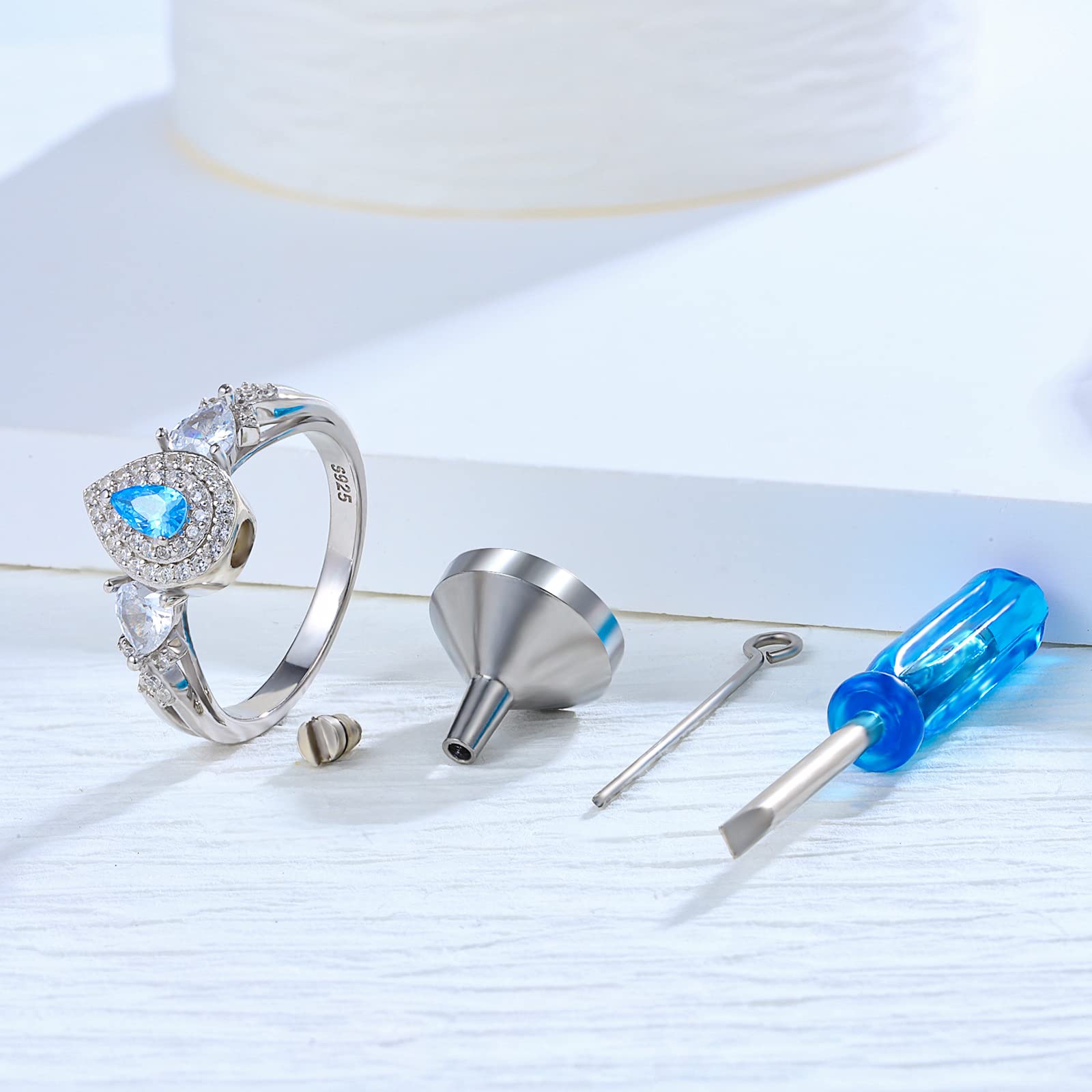 Teardrop Urn Rings for Ashes for Women - 925 Sterling Silver cremation jewelry Keepsake Hold Loved Ones Ashes,Memorial Wedding Ring for Girls (7) (C. Blue-March, 7)