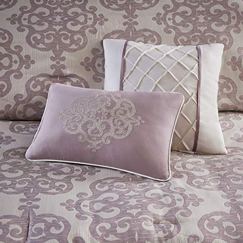 Madison Park Essential Madeline Cozy Bed in A Bag Comforter with Bonus 2 Complete Sheet Set, Jacquard Medallion Damask Design, All Season Cover, Decorative Pillow, Queen(90"x90"), Purple