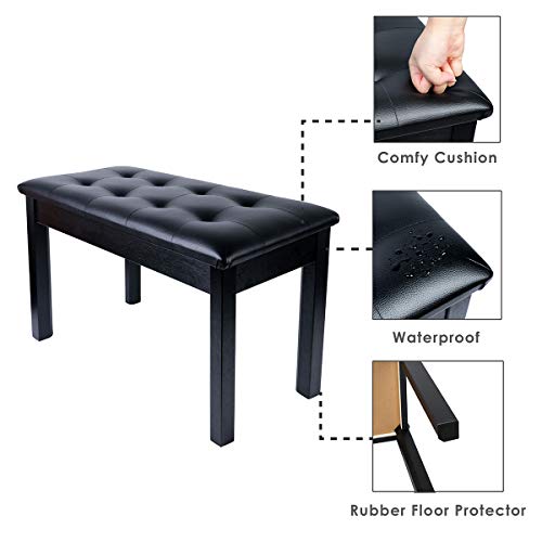 MU PU Leather Padded Piano Bench with Waterproof Cushion and Inner Solid Flip-Top Extra Music Storage for 2 People (Black)