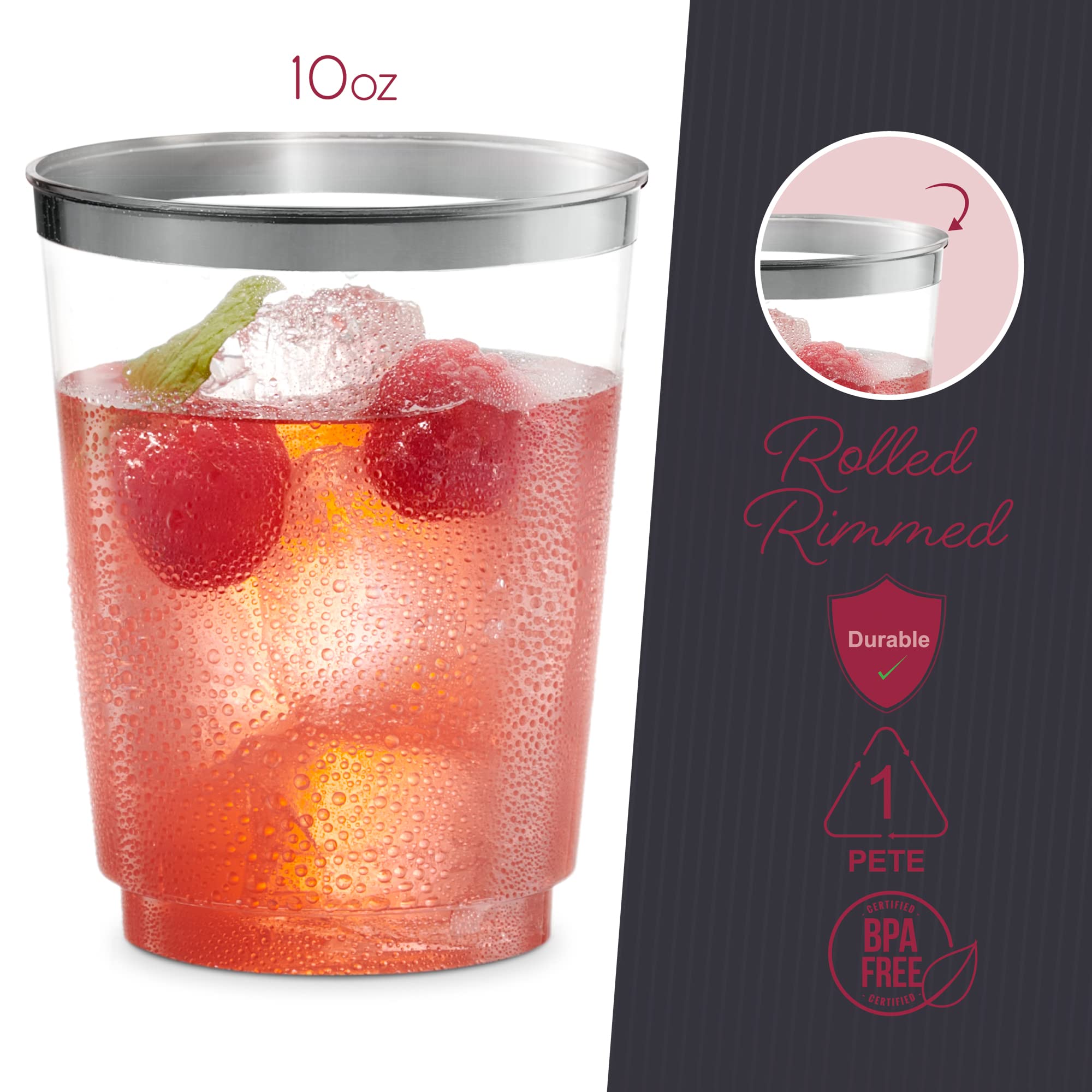 PLASTICPRO Disposable Plastic Tumblers (Silver Rim, 50)