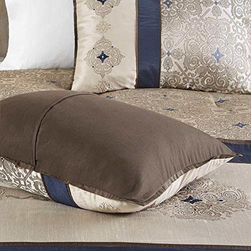 Madison Park Essentials Delaney 24-Piece Room In A Bag Comforter Set-Satin Jacquard All Season Luxury Bedding, Sheets, decorative pillows and Curtains, Valance, Queen (90 in x 90 in), Medallion Navy