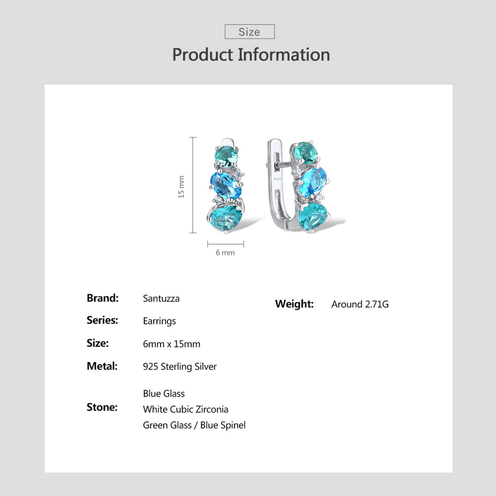 Santuzza 925 Sterling Silver Gemstone Earrings Blue Glass Cubic Zirconia Dangle Earring for Women