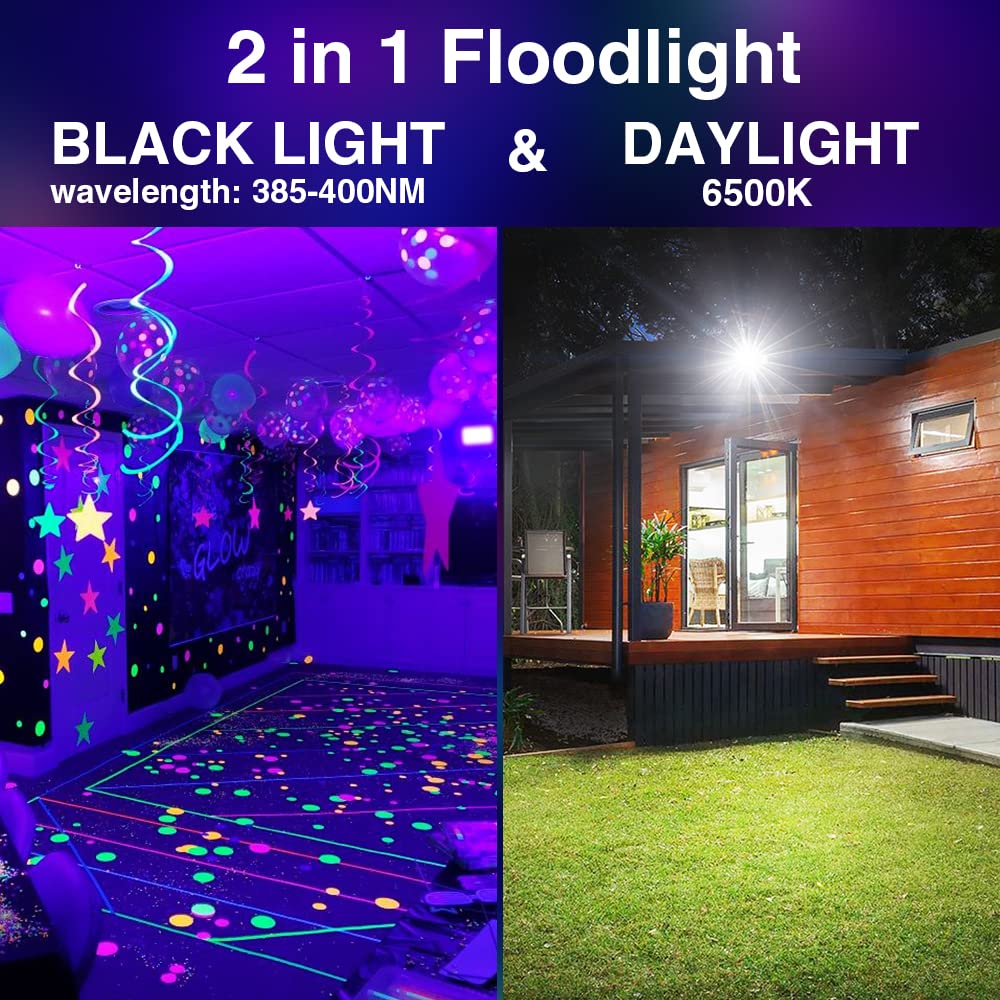 Onforu 2 Pack 50W LED Black Light with Daylight, Dimmable Black Light Flood Light with Remote, Timing, IP66 Outdoor Blacklight for Glow in The Dark, Dance Party, Halloween Lights, Fluorescent Poster