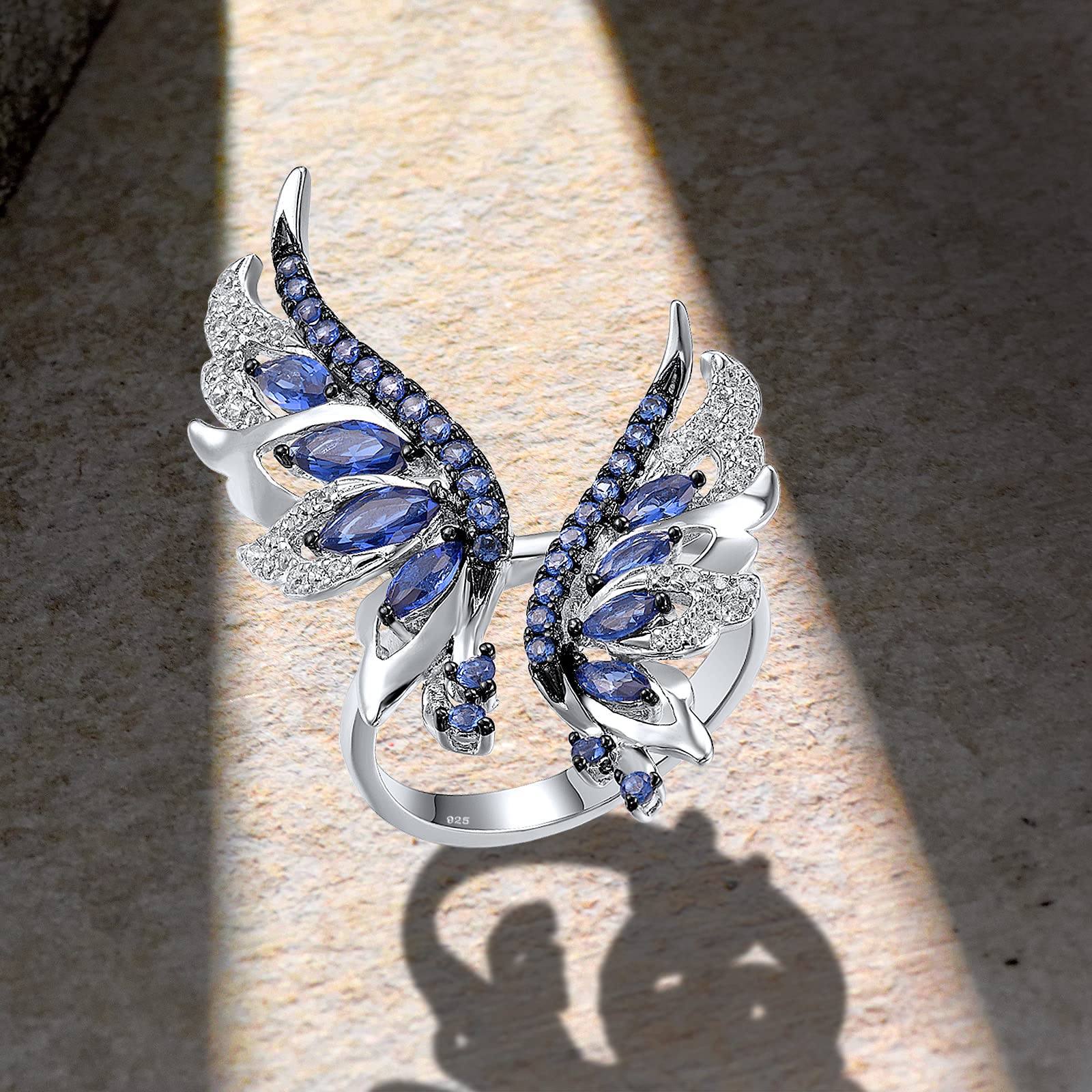 Santuzza 925 Sterling Silver Blue Wings Ring Blue Nano Cubic Zirconia Angel Wing Ring for Women (8)