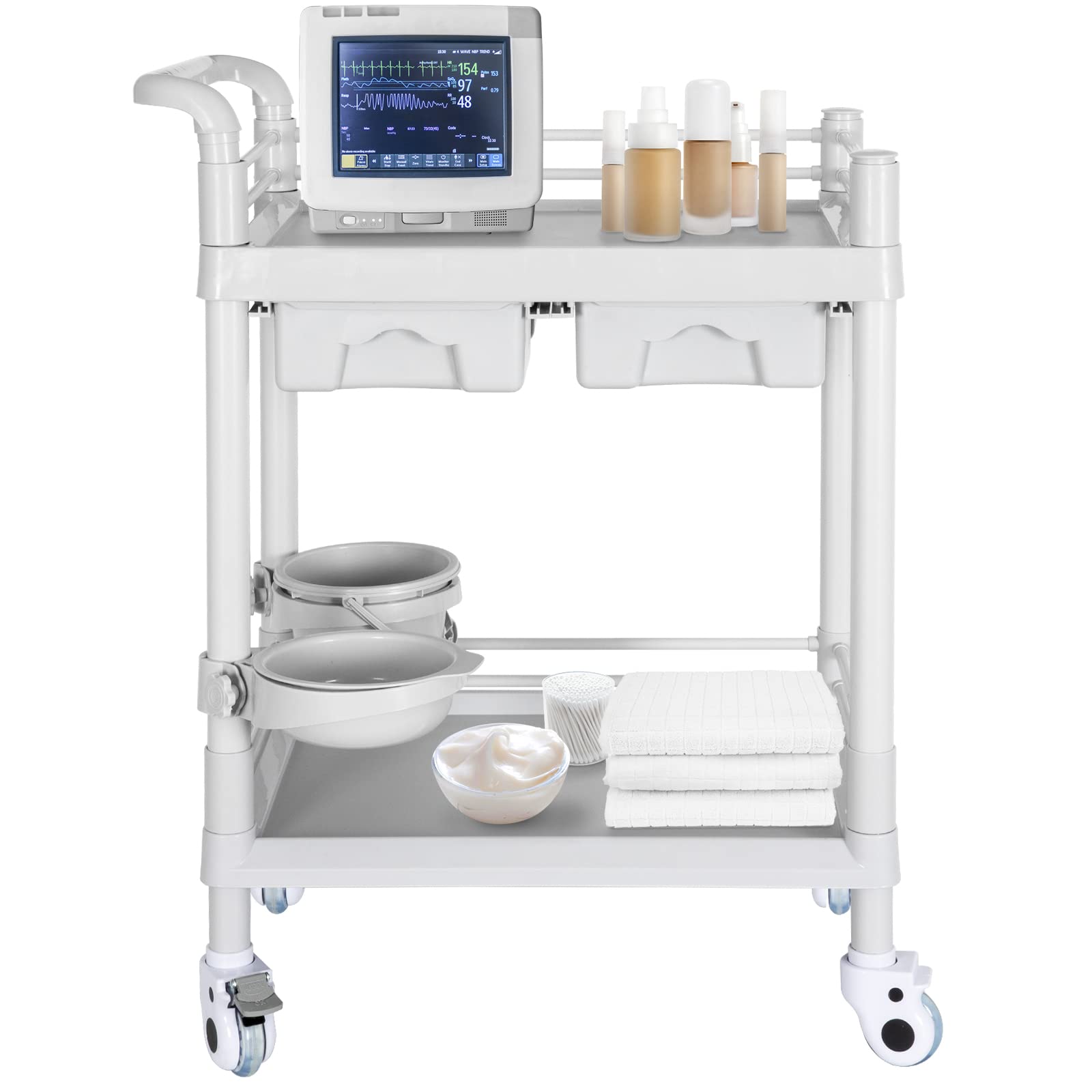 Mobile Trolley Cart, 2 Tier Heavy Duty Rolling Utility Cart with 360° Rotate Wheels, Medical Mobile Trolley Cart with Dirt Bucket & Drawer Spacious Beauty Salon Rolling Cart