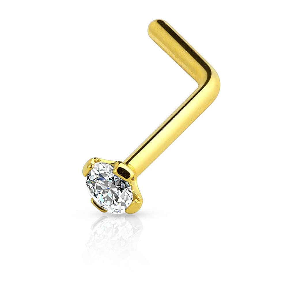 Pair of CZ Top Titanium IP Surgical Steel Nose Ring L Bend Shape Studs - Gold