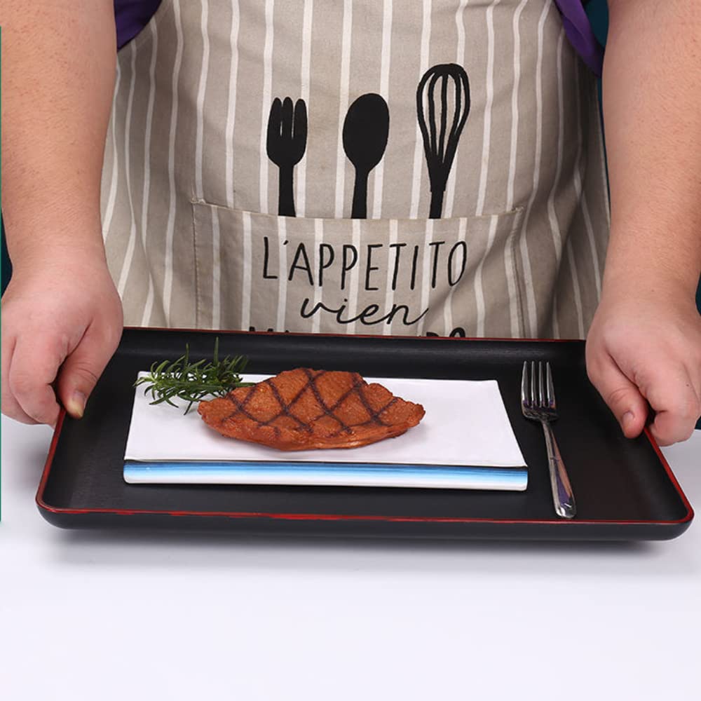Rectangle Serving Tray,Tea Serving Tray, Bent Ply Tray,Fast Food Cafeteria Tray,Non-Slip Multi-Purpose Plastic Cafeteria Tray for Coffee Table, Kitchen, Parties,Black&Red (11.8 * 7.9 in)