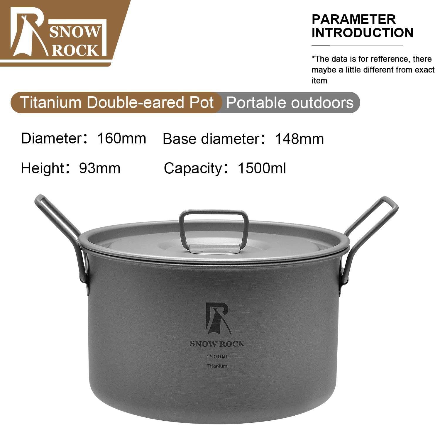 SNOW ROCK 1500ML Titanium Camping Pot Stockpot with Lid Cover Two Foldable Handles Titanium Camping Cookware Backpacking Pot