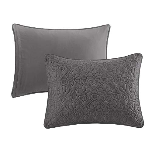 Madison Park Quebec Split Corner Quilted Bedspread Classic Traditional Design All Season, Lightweight, Bedding Set, Matching Shams, King(79" x81+24D), Damask Quilted Dark Grey 3 Piece
