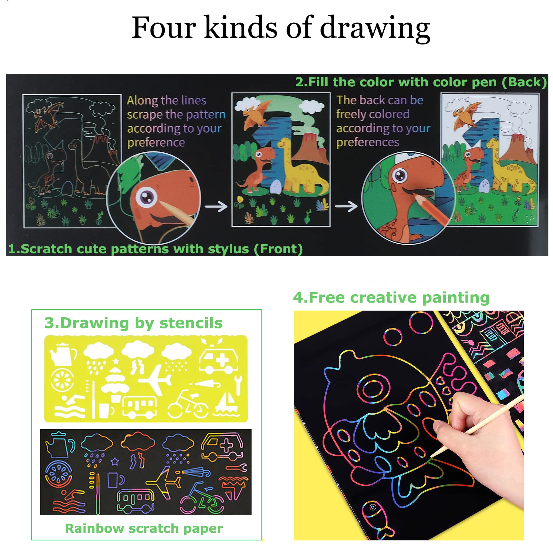 SuyuanArt 3 Set Magic Scratch Paper Art, Colorful Magic Drawing Art Book with 3 Scratch Pen for Birthday Halloween Christmas Party Dinosaurs Games Projects Kits