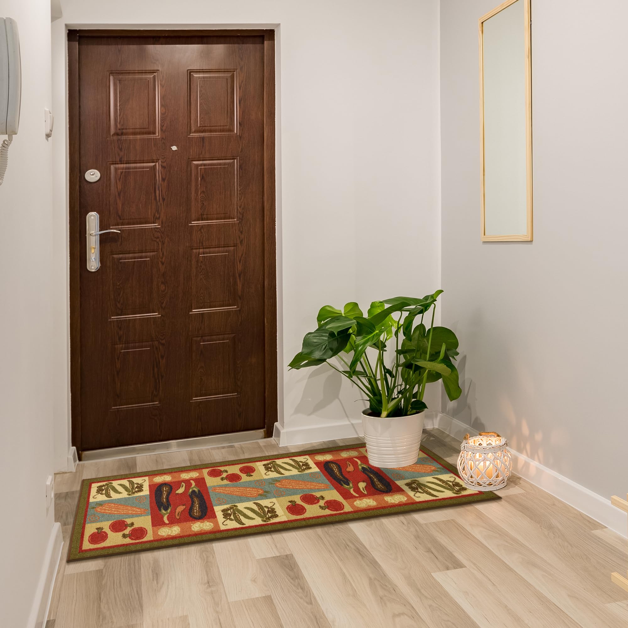 Machine Washable Vegetables Design Non-Slip Rubberback 2x5 Indoor Kitchen Runner Rug for Hallway, Kitchen, Living Room, Bedroom, Entryway, 20" x 59", Olive Green