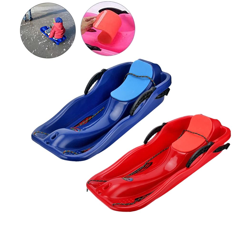 Snow Sled Plastic Toboggan Downhill Pull Sled with Brakes Pulling Rope and Two Handles,Durable Kids Adults Sledding Board for Winter Outdoor Fun (Blue)