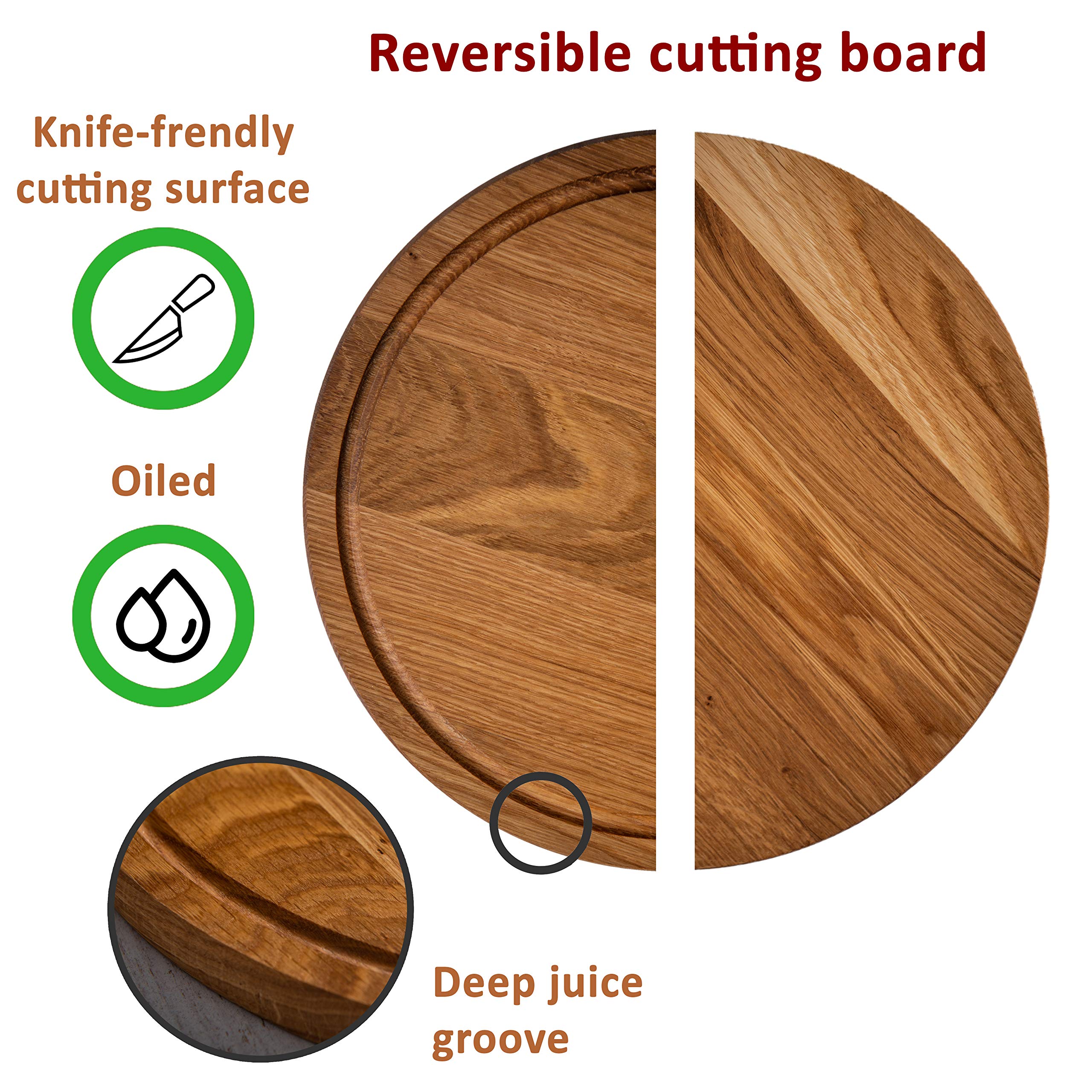 Oak Round Cutting Board, Reversible Cutting Boards For Kitchen, Wood Chopping Board, Great Charcuterie and Cheese Board… (Round 12 inch)