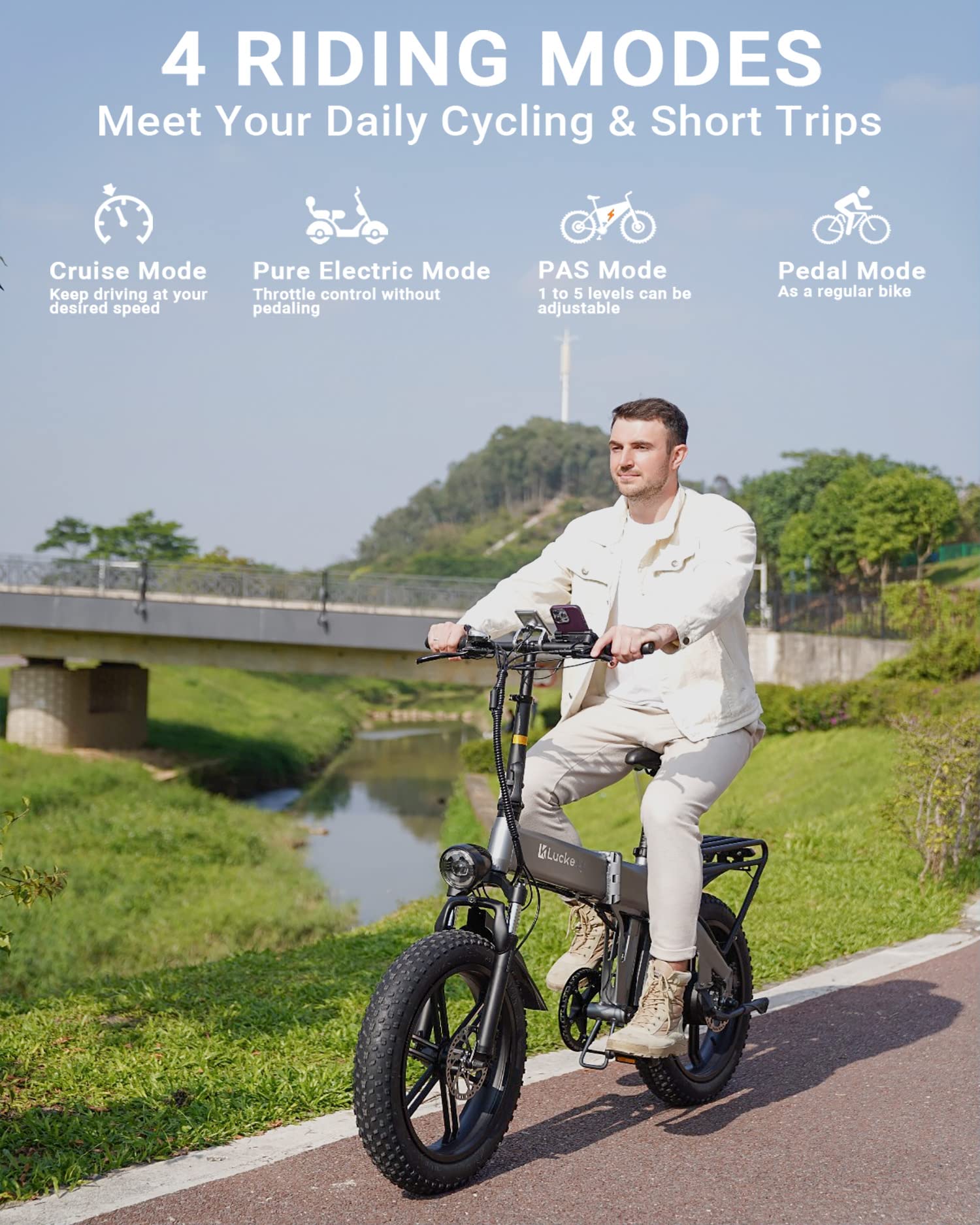 Luckeep Folding Electric Bike Adults 1130W Peak BaFang Motor 30MPH 60Miles Range 48V 15AH Removable Lithium-Battery 20'' Fat Tire E-Bikes Adults Hydraulic Disc Brakes UL 2849 Certified Ebike