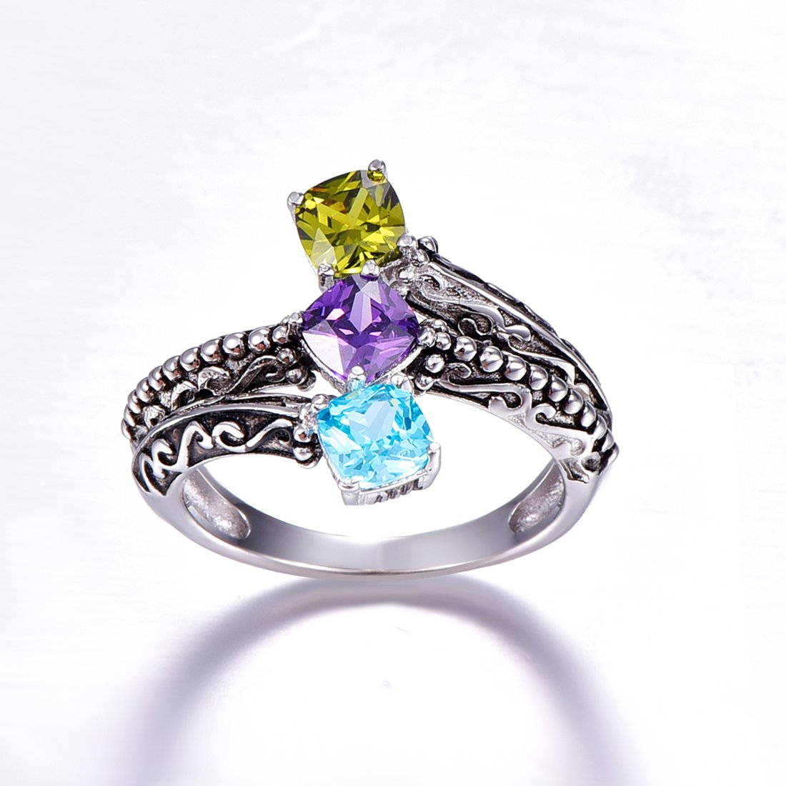 Merthus 12x12mm Princess Cut Simulated Amethyst Black Oxidized Finished 925 Sterling Silver Bohemian Ring for Women Size 9