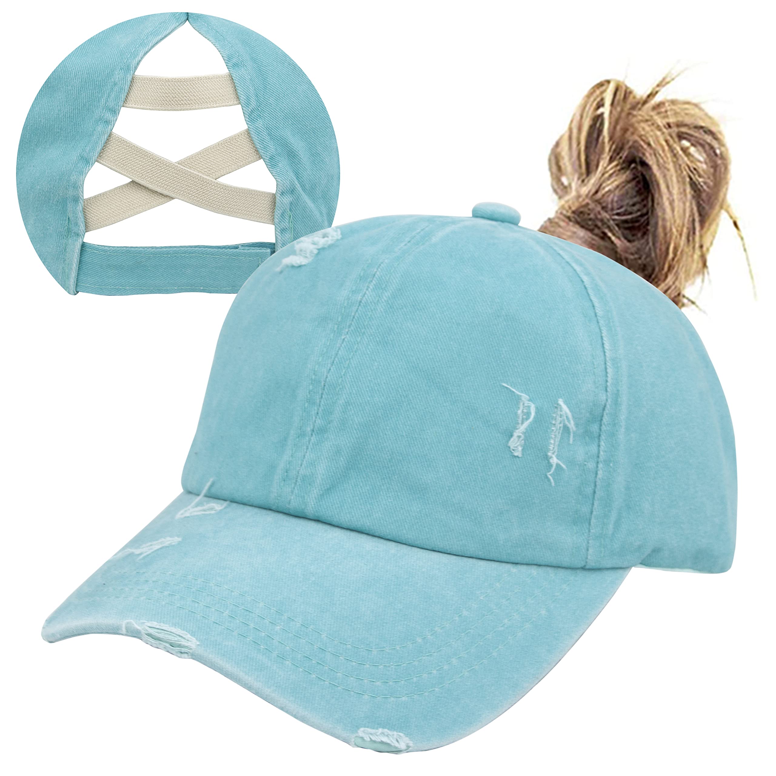 Muryobao Womens Criss Cross Ponytail Baseball Cap Adjustable High Messy Bun Ponycap Trucker Hats Vintage Washed Distressed Dad Hat for Outdoor Sports Travel Lake Blue
