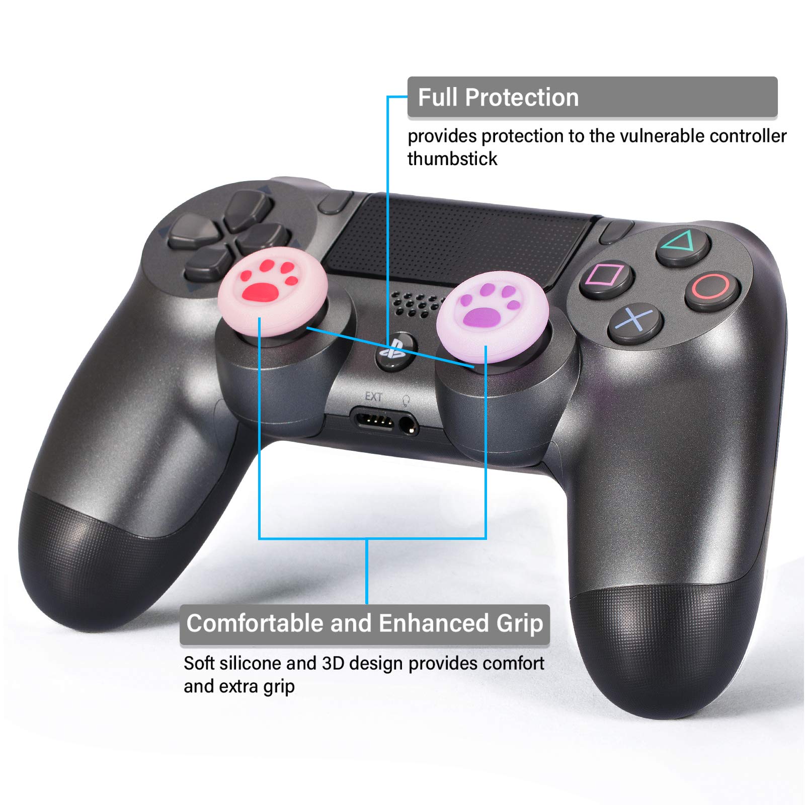 Playrealm Soft Rubber Silicone 3D Texture Thumb Grip Cover x 4 for PS5, PS4, Xbox Series X/S, Xbox One, Switch PRO Controller(Cat Paw Coral Purple)