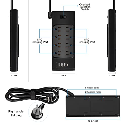 Surge Protector Power Strip 6 ft Flat Plug Power Strip, Multiple Plug Outlet, Outlet with 8 Sockets 4 USBInterface, 1875W, 2700 Joules, Black,Desktop Power Strip