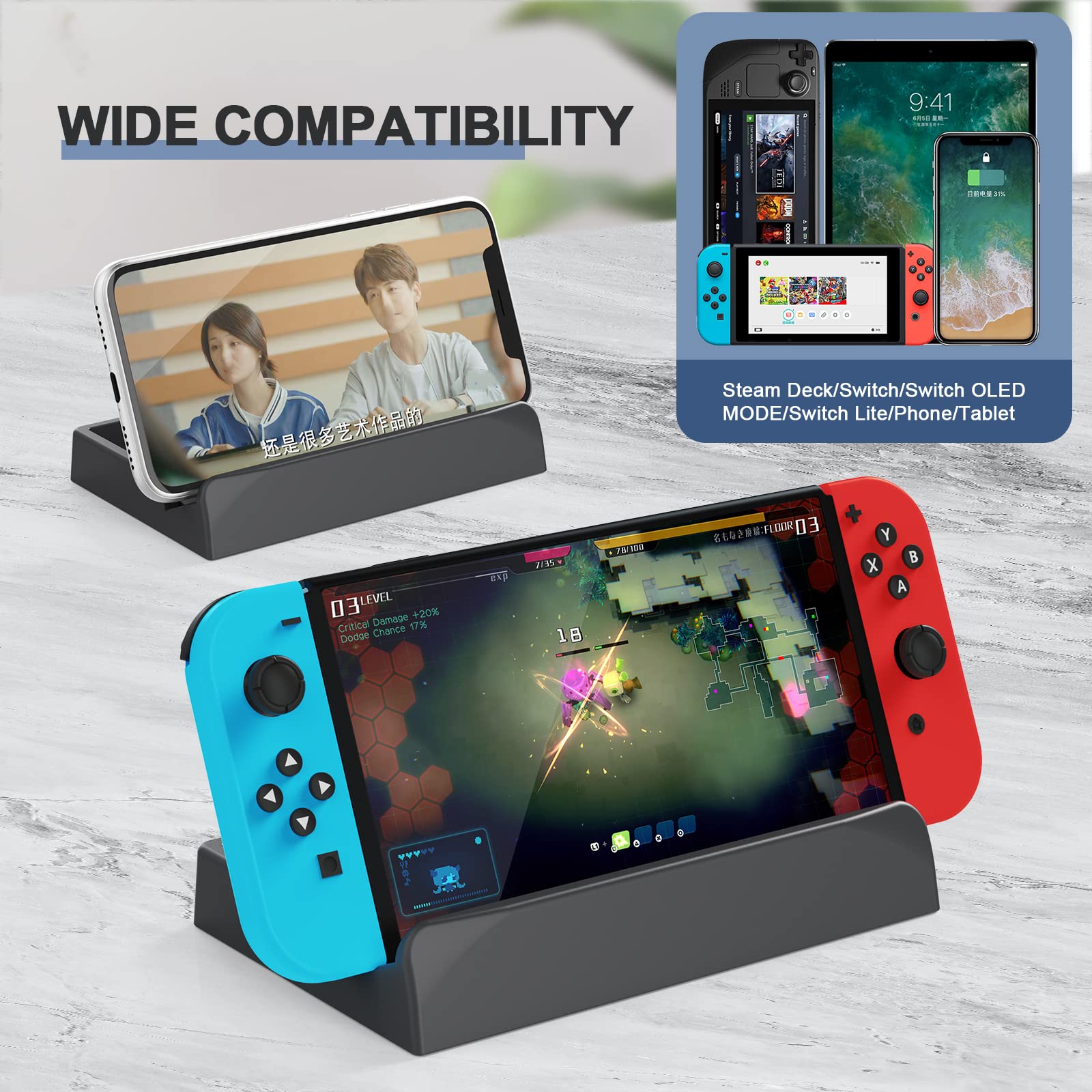 TGDPLUE Stand for Steam Deck, Steam Deck Accesssories Adjustable Foldable Holder Dock Compaible with Nintendo Switch OLED/Switch/Lite/Tablet/Phone-Black