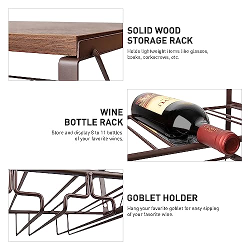 OOir onOO Wall Mounted Wine Rack - Wood Rustic Wine Bottle Glass Floating Shelves Holds with Stemware Rack, 8 x Glasses and 11 xWine Bottles for Kitchen,Dining Room,Bar,15 Inch(Brown)