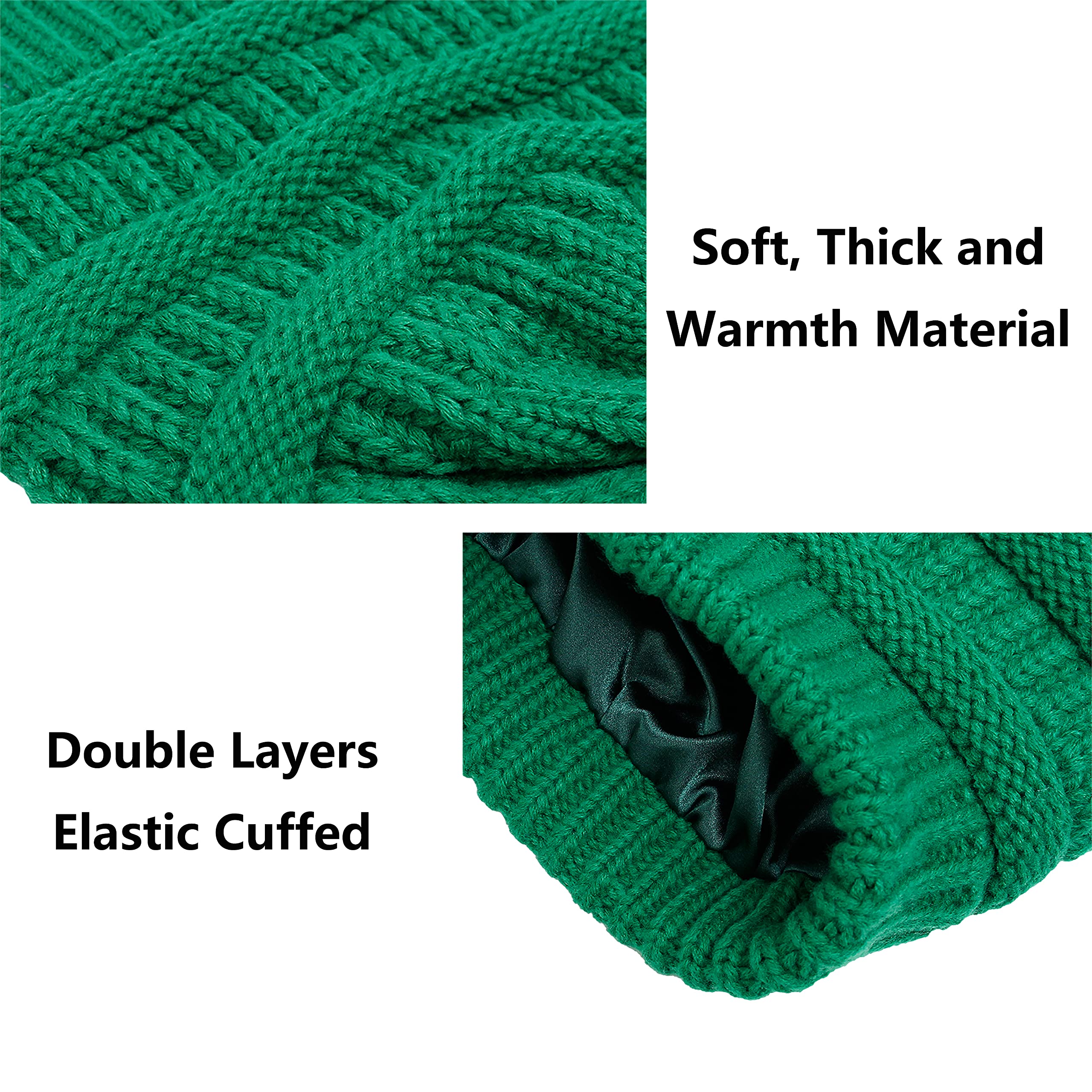 Muryobao Womens Winter Warm Knitted Hat Satin Silk Lined Cable Knit Beanie Chunky Slouchy Skull Cap Green