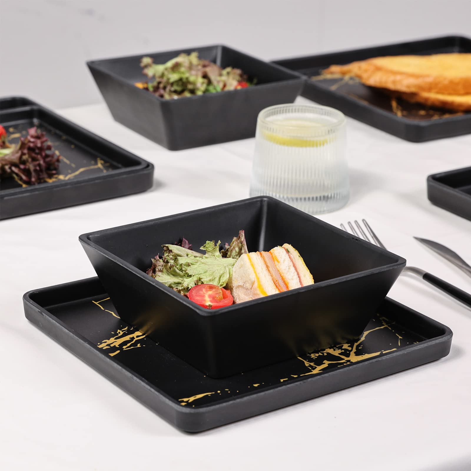 Melamine Dinnerware Sets - 12pcs Square Plates And Bowls Sets For Indoor/Outdoor Use, Dishwasher Safe,Service For 4, Black Gold
