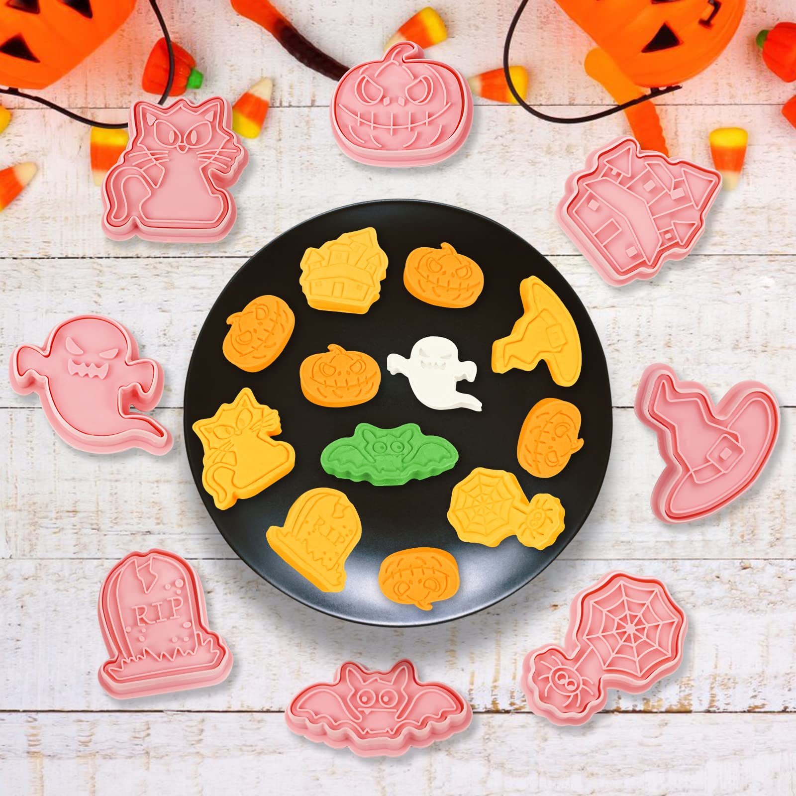 Tuxxzis 8 Pcs Halloween Cookie Cutters Set, 3D Pumpkin, Spooky Cat, Spider, Bat, Witch Hat, Ghost, Tombstone, Horror Castle Cookie Cutters for Party Baking Decoration