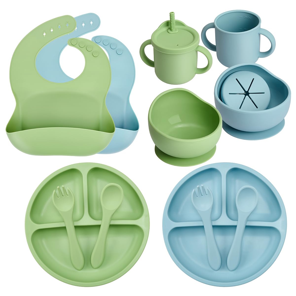 MumEZ Silicone Baby Feeding Set, Baby Led Weaning Utensils, Adjustable Silicone Bibs, Baby Plates and Bowls with Suction, Baby Spoons Forks, Sippy Cup, Baby Eating Essentials(Ether&Sage)