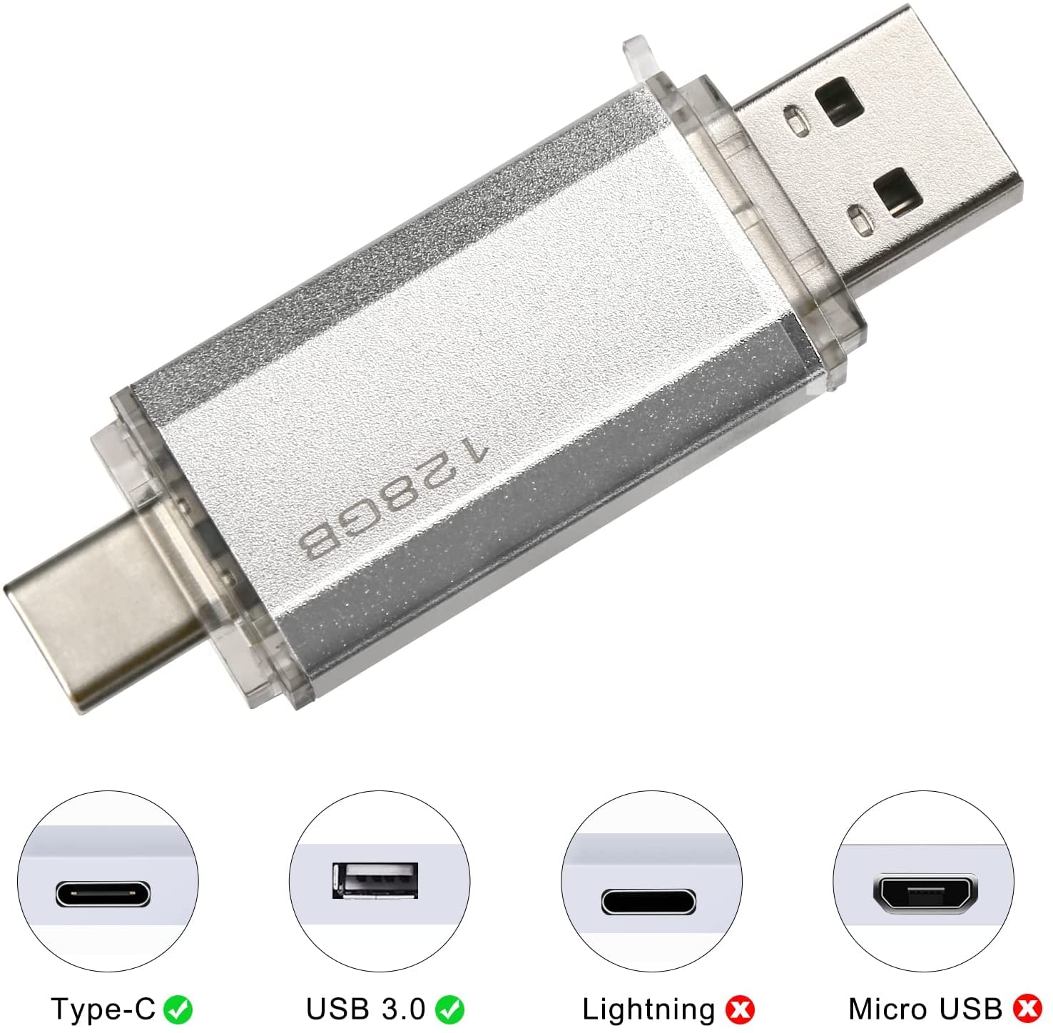 USB Type C Flash Drive 128GB 2-in-1 USB-C Flash Drive High Speed OTG Thumb Drive with Keychain Memory Stick Photo Stick for Android Phones MacBook Tablets PC,Sliver