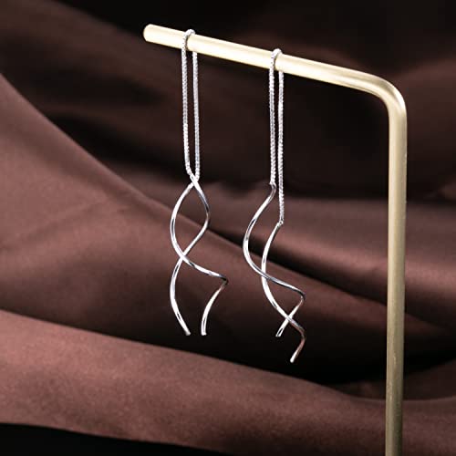SLUYNZ 925 Sterling Silver Threader Dangle Earrings Twist Shape for Women Teen Girls Linear Dangle Curved Tassel Earrings (A-Silver)